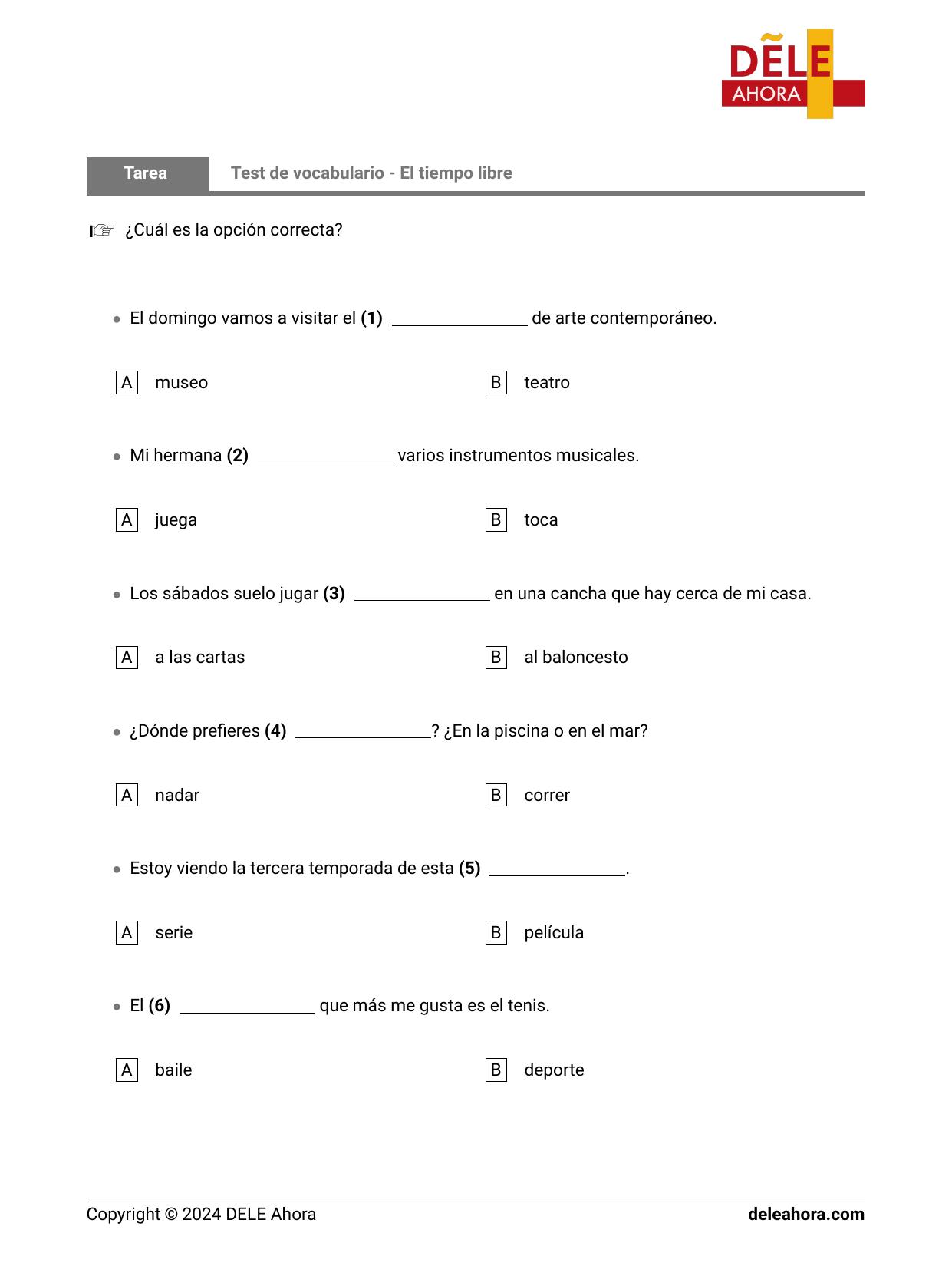 Test de vocabulario - El tiempo libre | Vocabulario