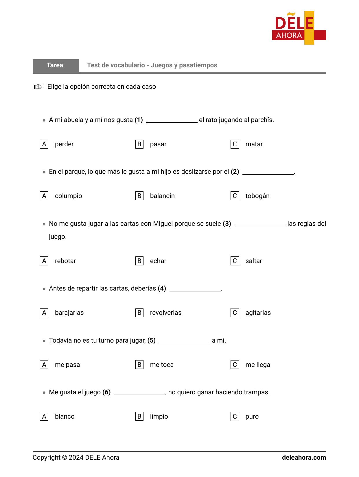 Test de vocabulario - Juegos y pasatiempos | Vocabulario
