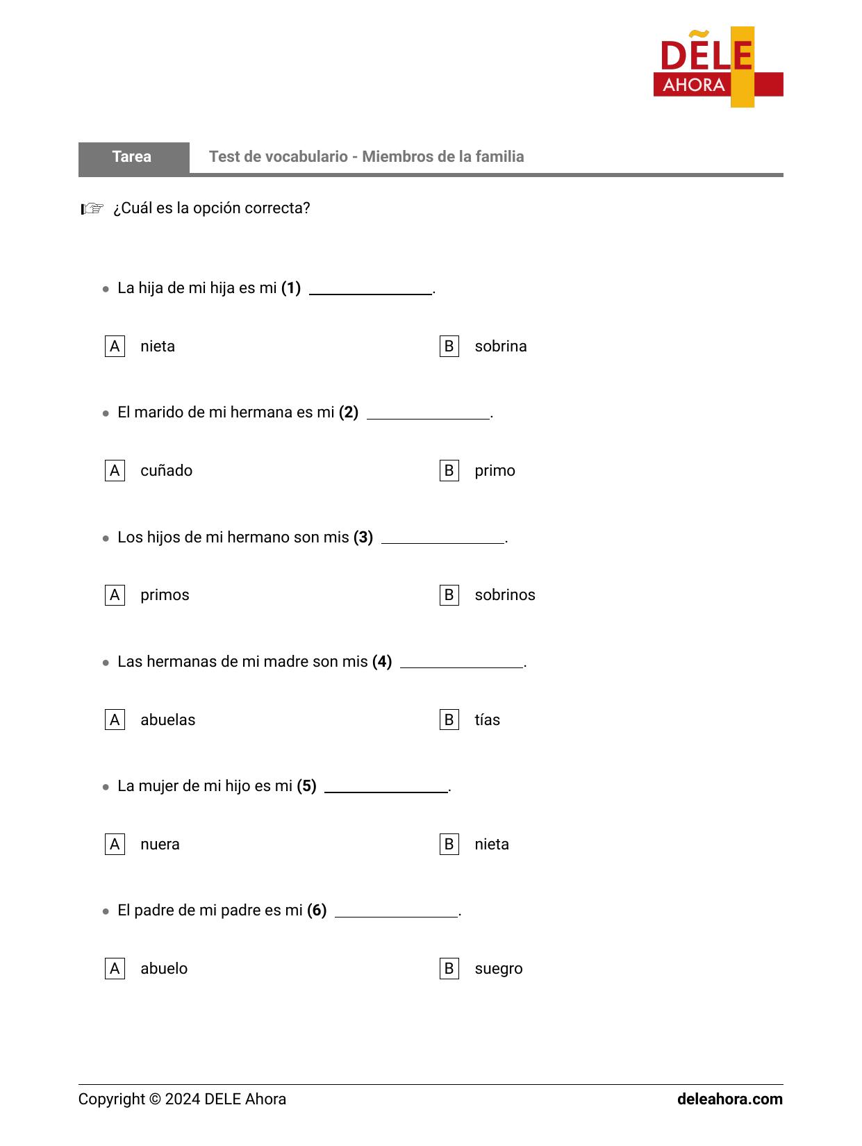 Test de vocabulario - Miembros de la familia | Vocabulario