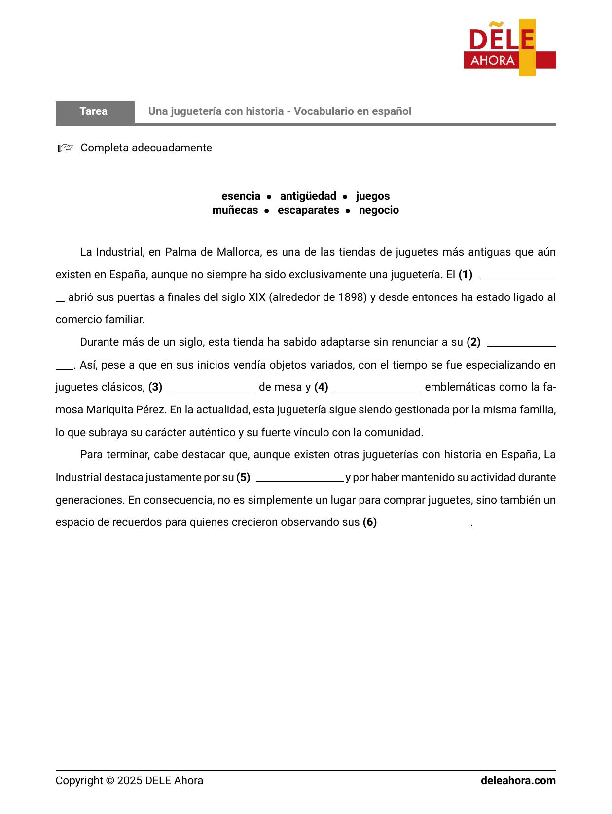 Una juguetería con historia - Vocabulario en español | Vocabulario