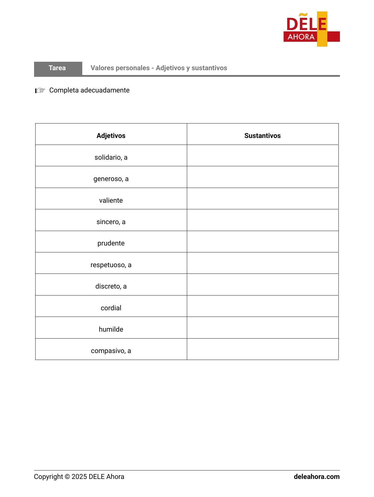 Valores personales - Adjetivos y sustantivos | Vocabulario