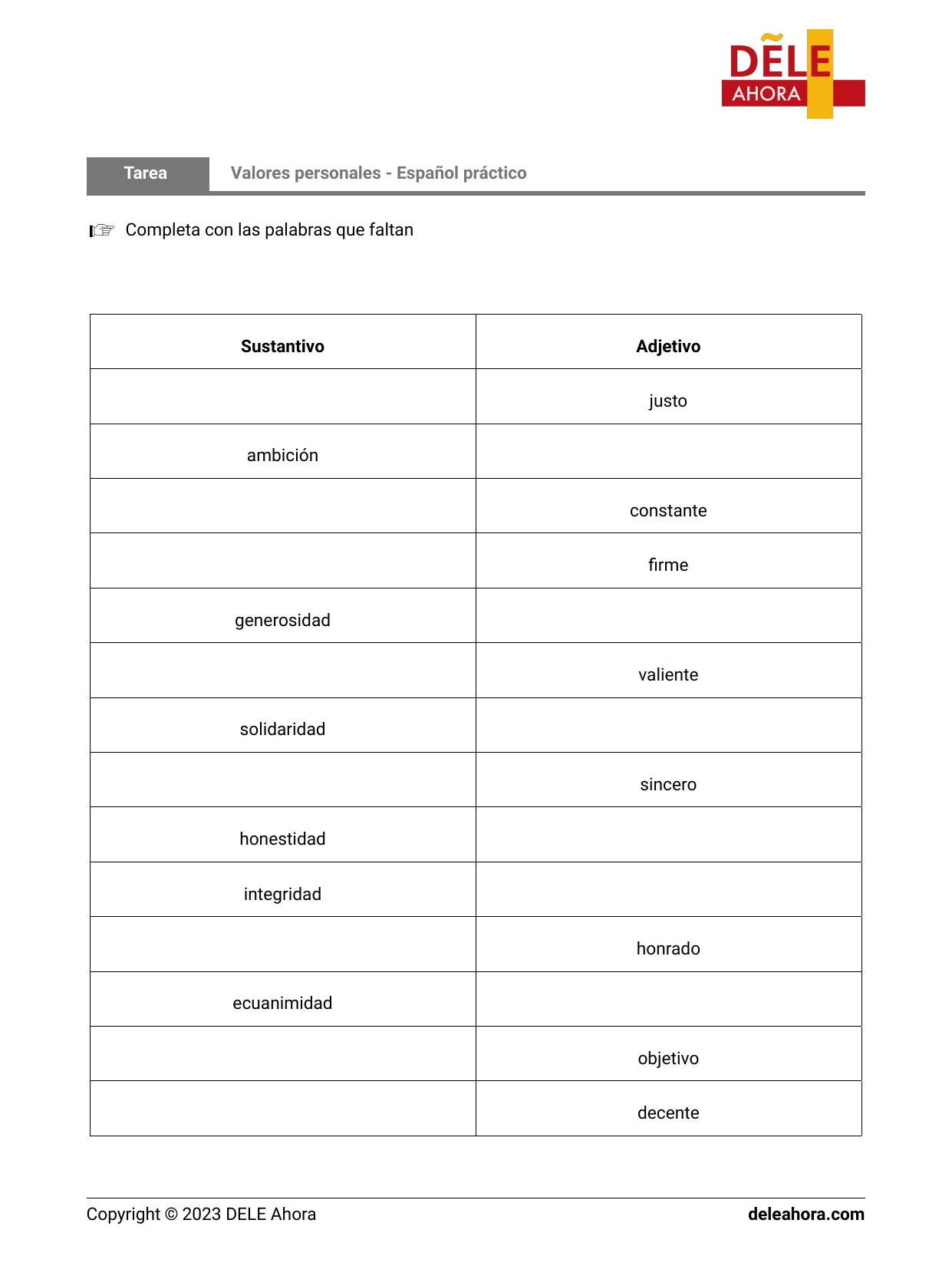 Valores personales - Español práctico | Vocabulario