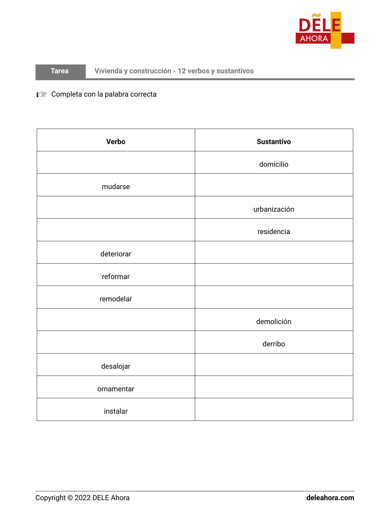 Vivienda y construcción - 12 verbos y sustantivos | Vocabulario