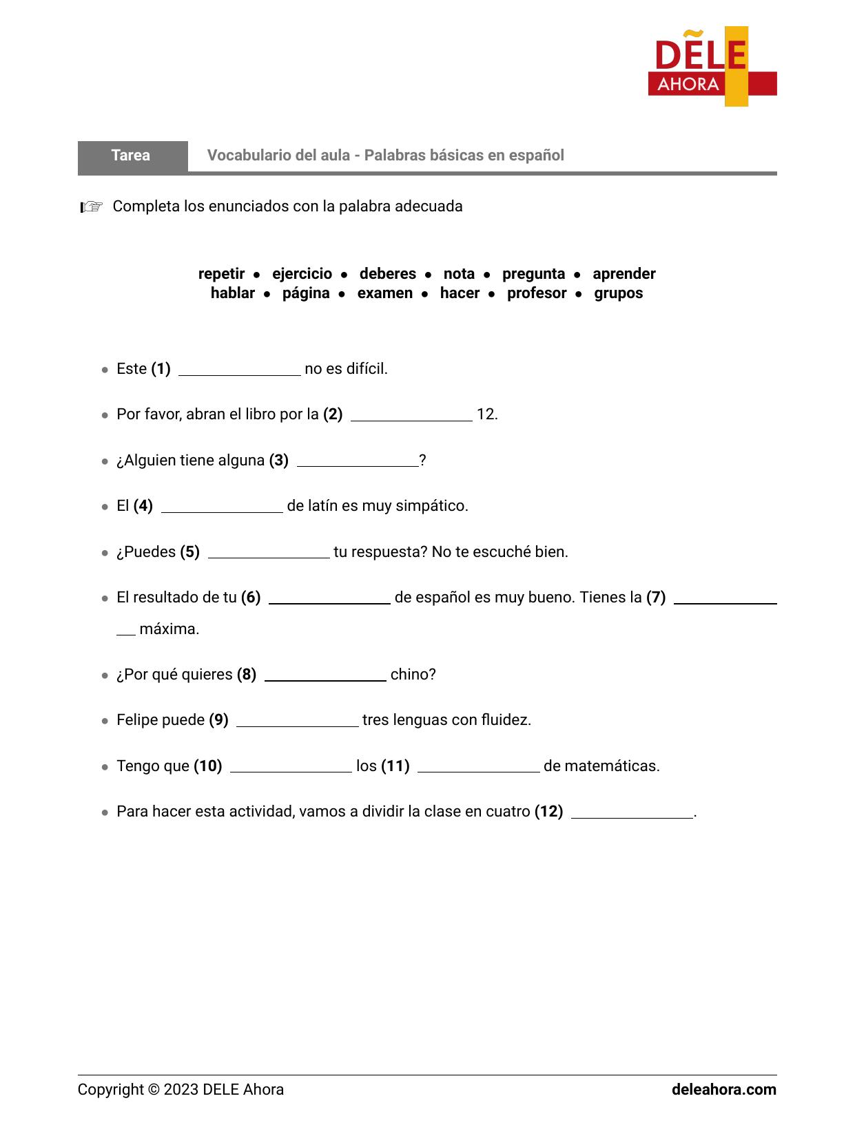 Vocabulario del aula - Palabras básicas en español | Vocabulario