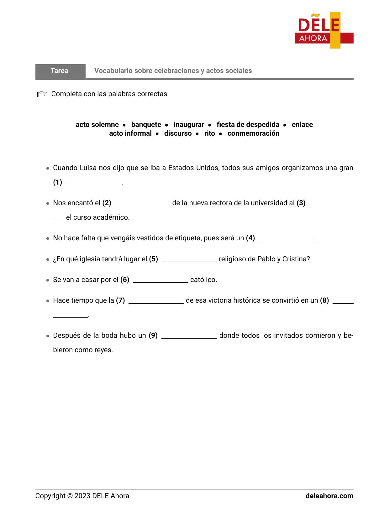 Vocabulario sobre celebraciones y actos sociales | Vocabulario